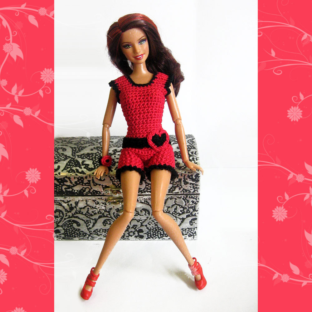 Barbie Clothes Crocheted Red And Black Beach Outfit Shorts Top And ...